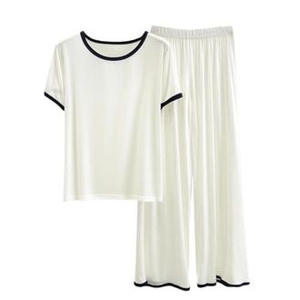 Generic Ensemble de v&ecirc;tements de d&eacute;tente pour femme 2 pi&egrave;ces en coton et lin - Tenue d&eacute;contract&eacute;e ample &agrave; manches 3/4 - Pantalon large taille haute avec poche