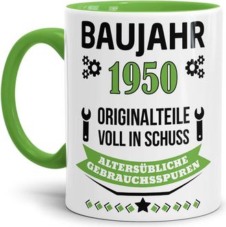 Tassendruck Geburtstags-Tasse Baujahr 1950 Innen & Henkel Hellgrün/Kaffee-Tasse/Mug/Cup/Becher/Lustig/Witzig/Fun/Geschenk-Idee/Geburts-Jahr/Scherz-Artikel/Geburts