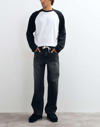 Hollister jean coupe baggy taille basse avec cordon de serrage en noir d&eacute;lav&eacute;
