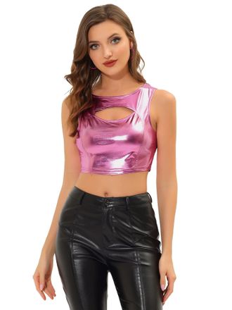 Allegra K Damen Halloween-Kost&uuml;m Crop Top &Auml;rmellos Bauchfrei Party Clubwear Metallic Tank Top Oberteil Pink M