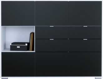 Vladon Highboard Milano V2, Sideboard mit 6 Türen und 4 Schubladen Schwarz matt, Made in Germany, Korpus Weiß matt (152,5 x 118x 37 cm)