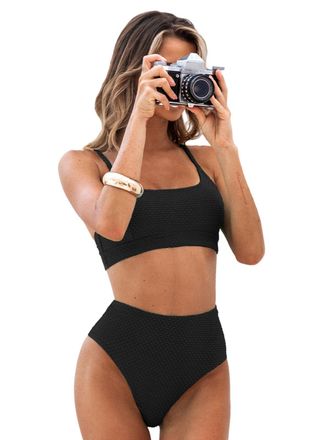 Cupshe Damen Bikini Set U Ausschnitt High Waist Tank Sport Bikini Texturierte Bademode Zweiteiliger Badeanzug Swimsuit Schwarz XL