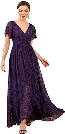 Ever-pretty Robe Demoiselle dhonneur Femme Longue Asymétrique Dentelle Manches Courtes Col V Fluide Chic Violet Foncé 40