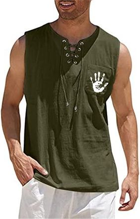 Generic Chemise en coton et lin pour hommes Henley Gym Tops Hommes Printemps et &Eacute;t&eacute; Tops Casual Sport Sans Manches Top Coton Gilet Peinture Fitness Muscle D&eacute;b