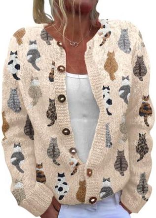 Onsoyours Femme Cardigan Manches Longues Mode Veste Courte Lâché Gilets en Tricot Imprimé Chandail Chaud Bouton Ouvert Blouson Sweater Automne Hiver Manteau Cha