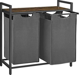 Vasagle Panier à Linge 2 Compartiments, Corbeille à Linge Sale, 2 Sacs Amovibles en Tissu Oxford, Étagère, Cadre en Métal, 2 x 46 L, 73 x 33 x 72 cm, Gris Ard
