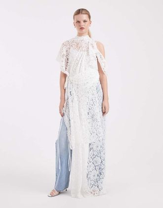 Asos Robe longue en dentelle à liens sur le côté et col montant - Écru-Blanc