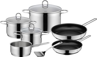 Silit Diamant Topfset Induktion 7-teilig, Kochtopf Set mit Glasdeckel, Pfanne mit Wender, Edelstahl poliert, Induktions Töpfe Set unbeschichtet, für alle He