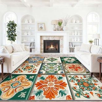 Generic Tapis Motif Traditionnel G&eacute;om&eacute;trique Carr&eacute; Floral - 160 x 230 cm Antid&eacute;rapant Doux dint&eacute;rieur Tapis &agrave; Poil Ras pour Salon Chambre Salle de Jeux - Colo