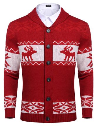 Coofandy Herren Weihnachtspullover Winter Strick Cardigan Langarm Ugly Christmas Sweater Weihnachtspulli Lustige Weihnacht Pullover mit V Ausschnitt Rot XL