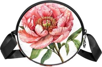 Generic Sac &agrave; bandouli&egrave;re rond pour femme, motif pivoine, petit sac &agrave; bandouli&egrave;re avec fermeture &eacute;clair, bretelles r&eacute;glables, sac &agrave; main rond d&eacute;contract&eacute; pour