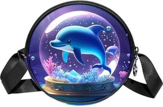 Generic Sac &agrave; bandouli&egrave;re rond pour femme, motif dauphin, boule de cristal, petit sac &agrave; bandouli&egrave;re avec fermeture &eacute;clair, bretelles r&eacute;glables, sac &agrave; main ron