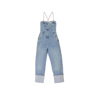 Moschino Femme, Combinaisons et Ensembles, Bleu, Taille: 38 FR Salopette Cargo en Denim avec Cordons Roses