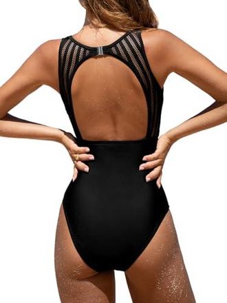 Cupshe Maillot de bain une pièce pour femme - Contrôle du ventre - Col haut - Découpe dans le dos - Crochet en maille, noir, Taille XS