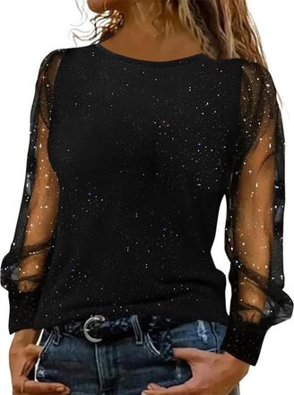 Onsoyours Langarmshirt Damen Elegant Schulterfreies Transparent T&uuml;ll Mesh Patchwork Shirt Oberteile Sexy Durchsichtiges Netz &Auml;rmel T-Shirt Casual Einfarbig Top 