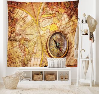 Abakuhaus Geschichte Wandteppich und Tagesdecke, Welts-Karte aus Weiches Mikrofaser Stoff Waschbar ohne Verblassen Digitaldruck, 230 x 140 cm,Gelb Orange