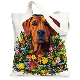 Generic Sac fourre-tout en toile motif chien Rhodesian Ridgeback printanier, 33 x 38,1 cm, sac d&eacute;picerie r&eacute;utilisable avec motif imprim&eacute; de plantes, fleurs et