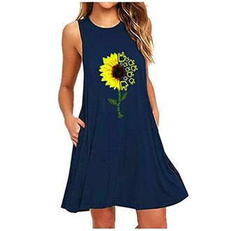 Generic Robes Impression Poche Mode Chemise de Nuit D&eacute;contract&eacute;e Tournesol Sans Manches Femmes Robe Femmes Robes D&eacute;t&eacute;, bleu marine, 3XL