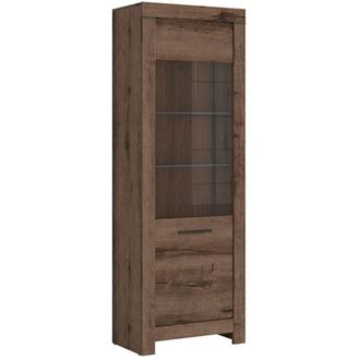 PEGANE Vitrine en verre tremp&eacute; &agrave; 1 porte avec &eacute;clairage LED, coloris Ch&ecirc;ne marron fonc&eacute;- Longueur 68 x Profondeur 39,5 x Hauteur 196,5 cm