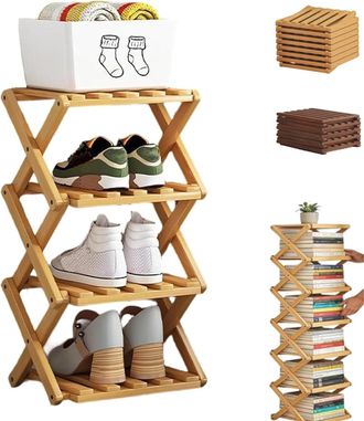 Generic The 9-Tier No-Assembly Bamboo Rack, Foldable Vertical Shoe Organizer for Small Spaces, No-Tool Assembly, Foldable Storage Shelf for Shoes, Books & Hom