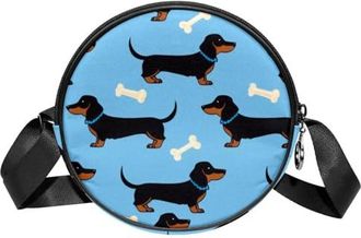 Generic Petit sac &agrave; bandouli&egrave;re circulaire pour femme, motif teckel avec fermeture &eacute;clair, bretelles r&eacute;glables, sac &agrave; main rond d&eacute;contract&eacute; pour femmes et fil