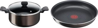 T-fal Faitout 24 cm (4,7 L) + couvercle verre, Tous feux sauf induction & Ingenio Po&ecirc;le 28 cm, Non induction, Rev&ecirc;tement antiadh&eacute;sif, Empilable, Compatible 