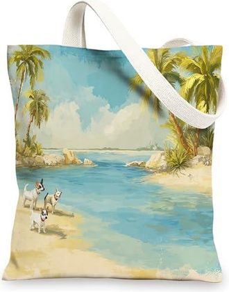 Generic Sacs fourre-tout en toile tropicale, motif scène de plage, sacs dépicerie réutilisables, vintage, côtier, légers, lavables, multicolore, 13x15 Inch