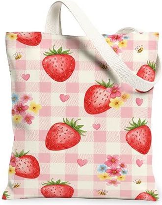 Generic Sacs fourre-tout en toile florale de fraise, sacs d&eacute;picerie r&eacute;utilisables, sac d&eacute;picerie r&eacute;utilisable, bandouli&egrave;re l&eacute;g&egrave;re et lavable Ca, p&ecirc;che, 13x15 