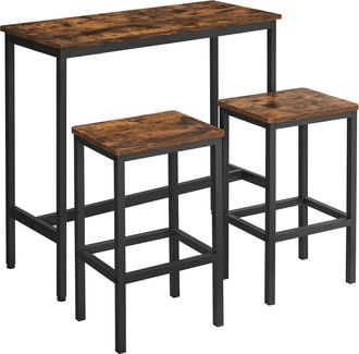 Vasagle Bartisch mit Barhocker Set, Essgruppe, Stehtisch mit 2 St&uuml;hlen, Stahlgestell, Industrie-Design, vintagebraun-tintenschwarz LBT218B01