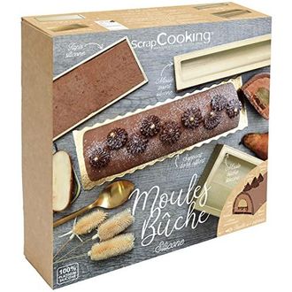ScrapCooking Coffret Moules Silicone Bûche de Noël - Avec Insert, Tapis Génoise, Support Doré et Recette Bûche Poire Chocolat - Gouttière Souple Pâtisserie - Color