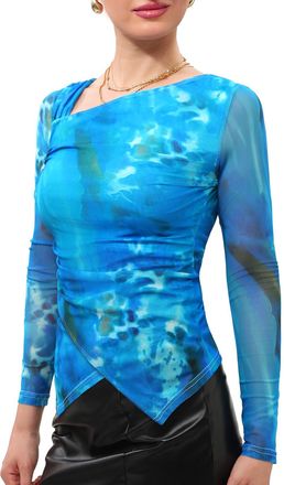 Dresstells Mesh Oberteil Damen Lässiges Langarm Shirt Elegantes Going Out Top für Party Sexy Streetwear Club Blue Floral 2XL