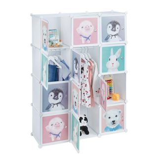 Relaxdays Steckregal Kinder, 8 Fächer, mit Türen, Tier-Motive, Regalsystem für Kinderzimmer, HxBxT: 145x109x37 cm, weiß