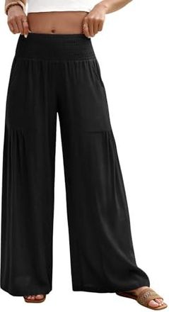 Heekpek Pantalon Lin Femme &Eacute;t&eacute; Fluide Chic Leger Pantalon Large Taille Elastique Pantalons Plage avec Poche, Noir, XL