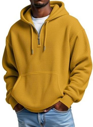 Generic Sweat &agrave; capuche pour homme - Demi-fermeture &eacute;clair - Coupe droite - Manches longues - Pull de transition - Couleur unie - Confortable - Motif gaufr&eacute; -