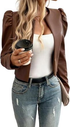 Generic Veste courte en similicuir à manches longues pour femme - Boléro ouvert sur le devant - Haut de travail dautomne, kaki, XL