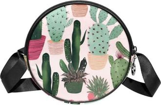 Generic Sac &agrave; bandouli&egrave;re rond pour femme, petit sac &agrave; bandouli&egrave;re motif cactus avec fermeture &eacute;clair, bretelles r&eacute;glables, sac &agrave; main rond d&eacute;contract&eacute; pour f