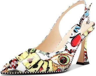 Castamere Femmes Slingback Kitten Talon Heel Ferm&eacute; Pointu Bout Escarpins Bloc Chunky Mariage Party Dress Chaussures 9 CM Heels Motif de Poker 42 EU