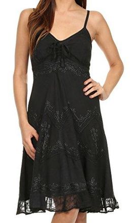 Sakkas 4031 Stonewashed Rayonne brod&eacute;s r&eacute;glables Bretelles Robe mi-Longueur- Noir - 1X/2X