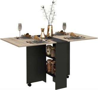 HOMCOM Table pliante de cuisine salle &agrave; manger amovible sur roulettes 2 &eacute;tag&egrave;res int&eacute;gr&eacute;es panneaux noir aspect ch&ecirc;ne clair