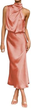 Generic Robe longue dété formelle en satin pour femme, col montant, sans manches, fente latérale, robe débardeur fluide à volants, rose gold, S