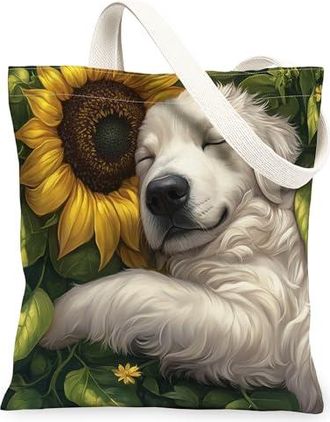 Generic Sac fourre-tout en toile motif chien des Pyr&eacute;n&eacute;es printani&egrave;res 33 x 38,1 cm, motif tournesol, feuille de tournesol, chiot r&eacute;utilisable, sac d&eacute;picerie 