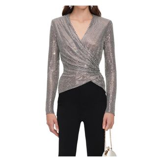 Self Portrait Rhinestone Mesh Wickeltop - - Tops - Damen - Grau - M