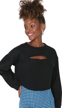 Trendyol Trendyol Damen Rundhalsausschnitt, einfarbig Sweatshirt, Schwarz, 42