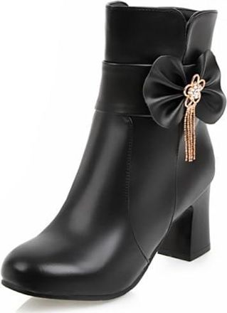 Generic Bottines &Eacute;l&eacute;gantes Femme &agrave; Talon Bloc Bout Rond Bottes Courtes avec D&eacute;tail Noeud, Gland et Fermeture Lat&eacute;rale pour Tenue de Bureau et Sortie Quotidien