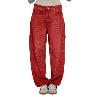 Generic Jean sarouel décontracté avec strass pour femme - Style décontracté - Avec strass, Rouge, XXL