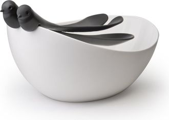 Qualy Sparrow Salatschüssel + Besteck, Kunststoff, Schwarz, 230 x 300 x 155 mm, Salad Bowl with Servers, Salad Bowl, Salad Bowl Large Serving, Bowls for Kit