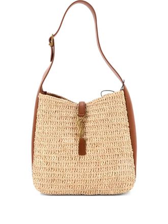 Saint Laurent petit sac &agrave; main Le 5 a 7 Supple Hobo en raphia et cuir - Marron