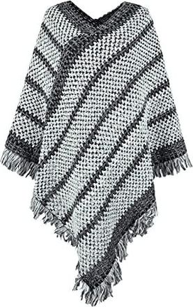 Generic Poncho en laine pour femme avec ourlet à franges ethnique en tricot crochet cape châle rétro long pull tops dames châles et enveloppements robe de Noë
