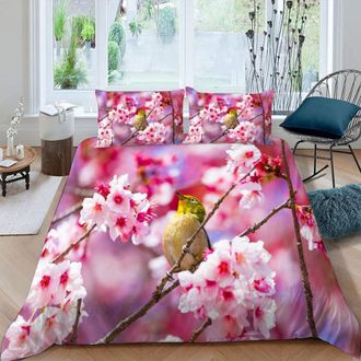 Generic Rosa Kirschbl&uuml;ten Bettw&auml;sche 135x200 Pflanzen und Blumen Bettw&auml;sche-Sets f&uuml;r Kinder Jungen Bettbezug Set 3D Druck Bettbez&uuml;ge Weiche Mikrofaser mit Rei