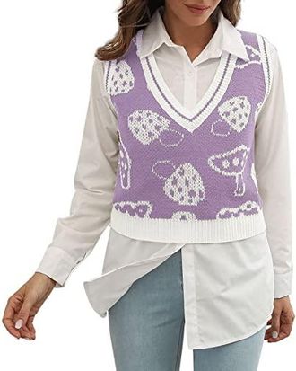 Generic D&eacute;bardeur &agrave; carreaux pour femme Col en V Sans manches Style r&eacute;tro, violet, S